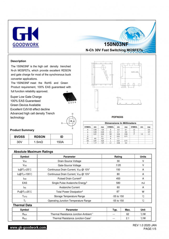 150N03NF datasheet page 1