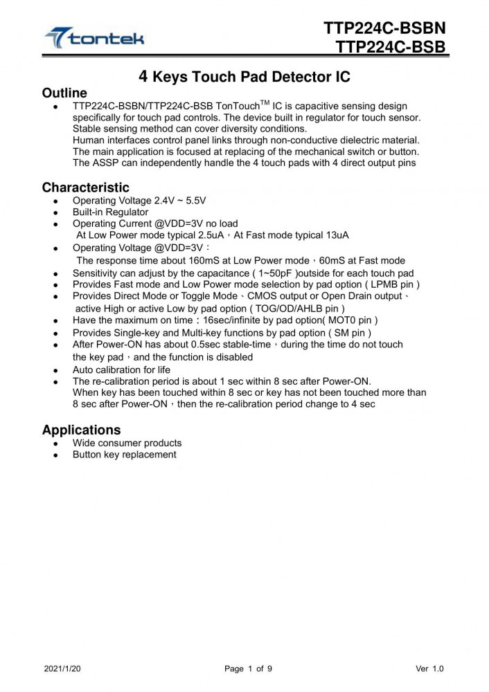 TTP224C-BSBN datasheet page 1