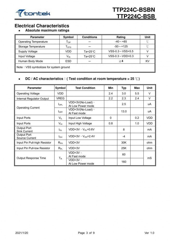 TTP224C-BSBN datasheet page 3
