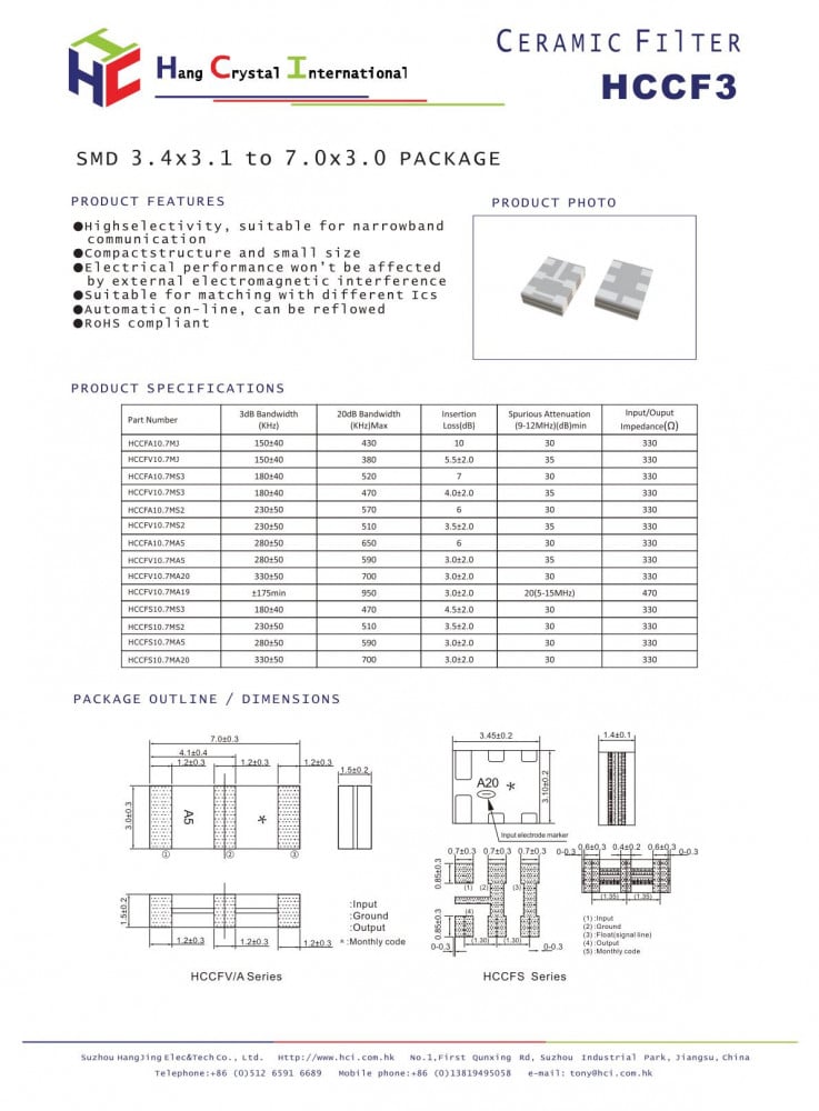 HCI HCCF crystal filter technical document page