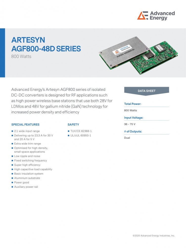 Artesyn AGF800-48D3005-6L datasheet page 1