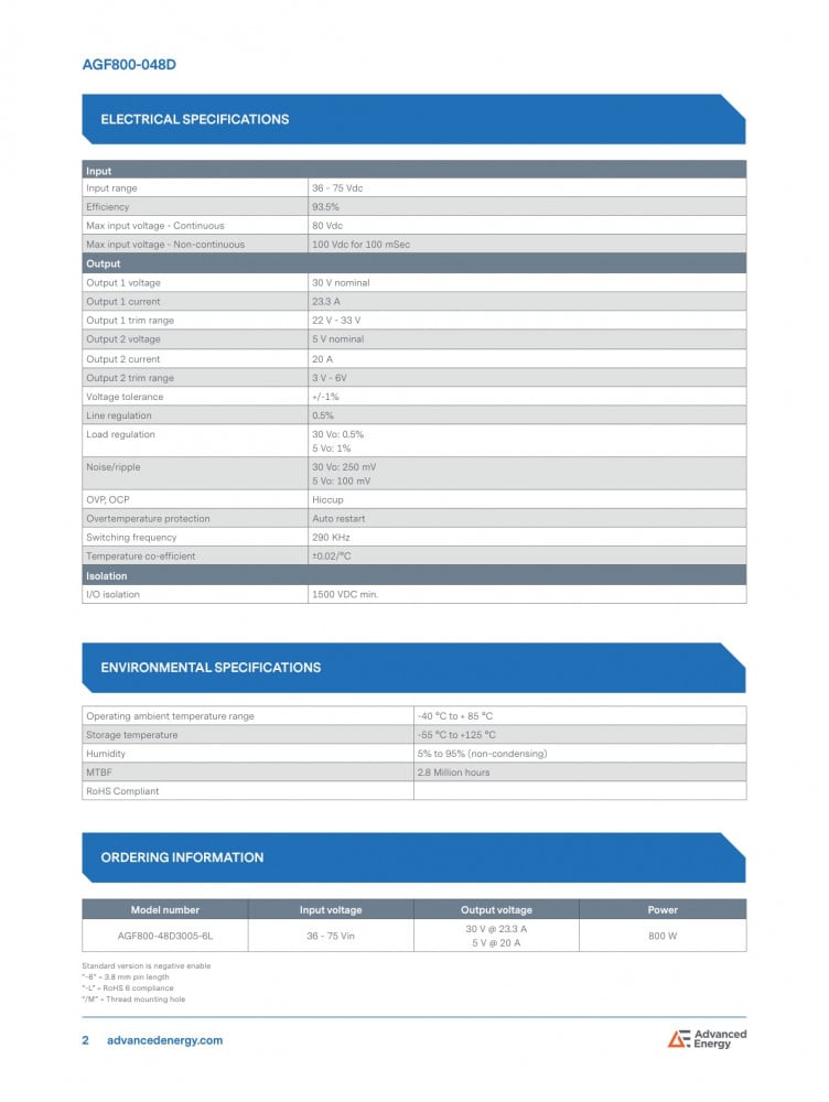 Artesyn AGF800-48D3005-6L datasheet page 2