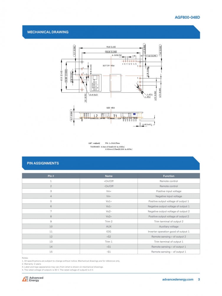 Artesyn AGF800-48D3005-6L datasheet page 3