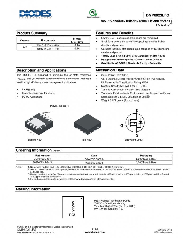 DMP6023LFG-7 datasheet page 1