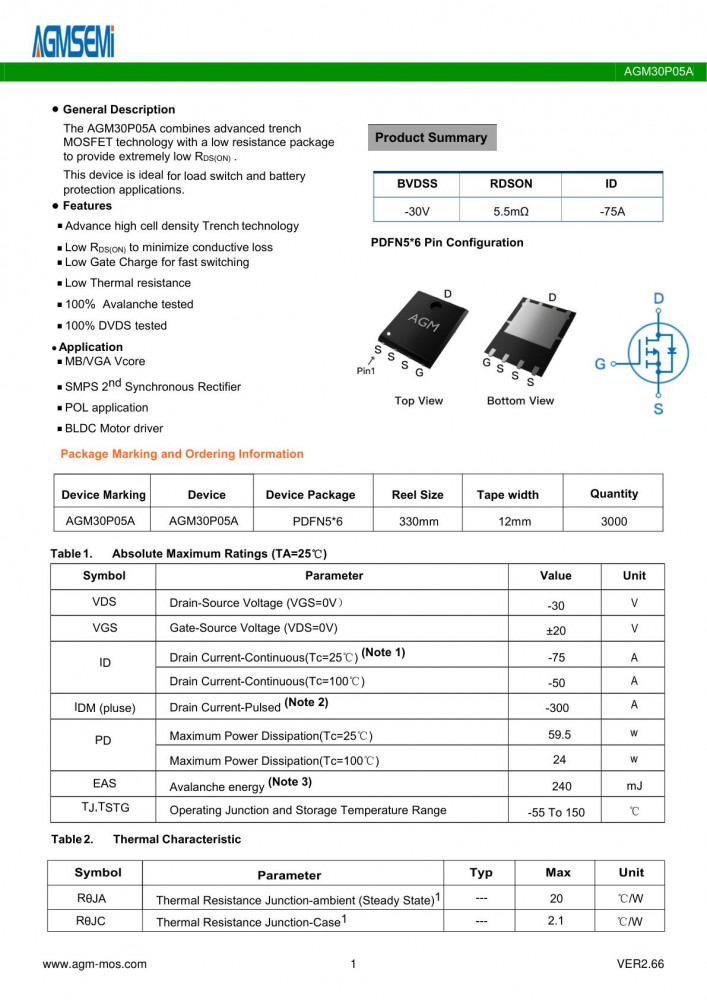 AGM30P05A datasheet page 1
