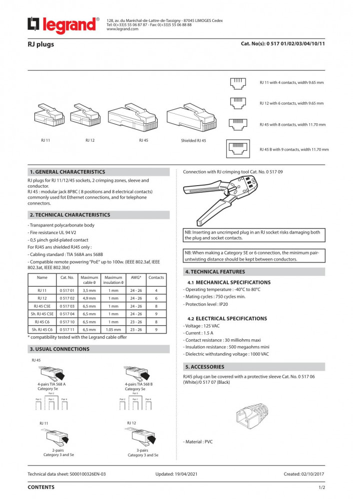 Legrand RJ plug technical document, page 1