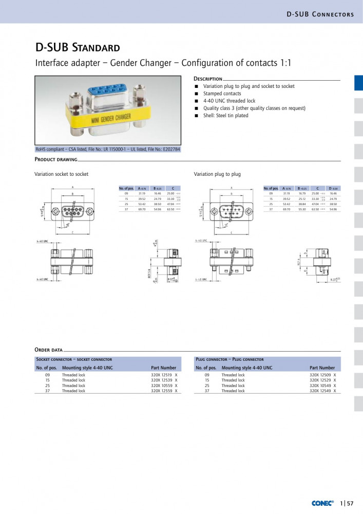 Amphenol 320X12509X D-Sub gender changer technical document