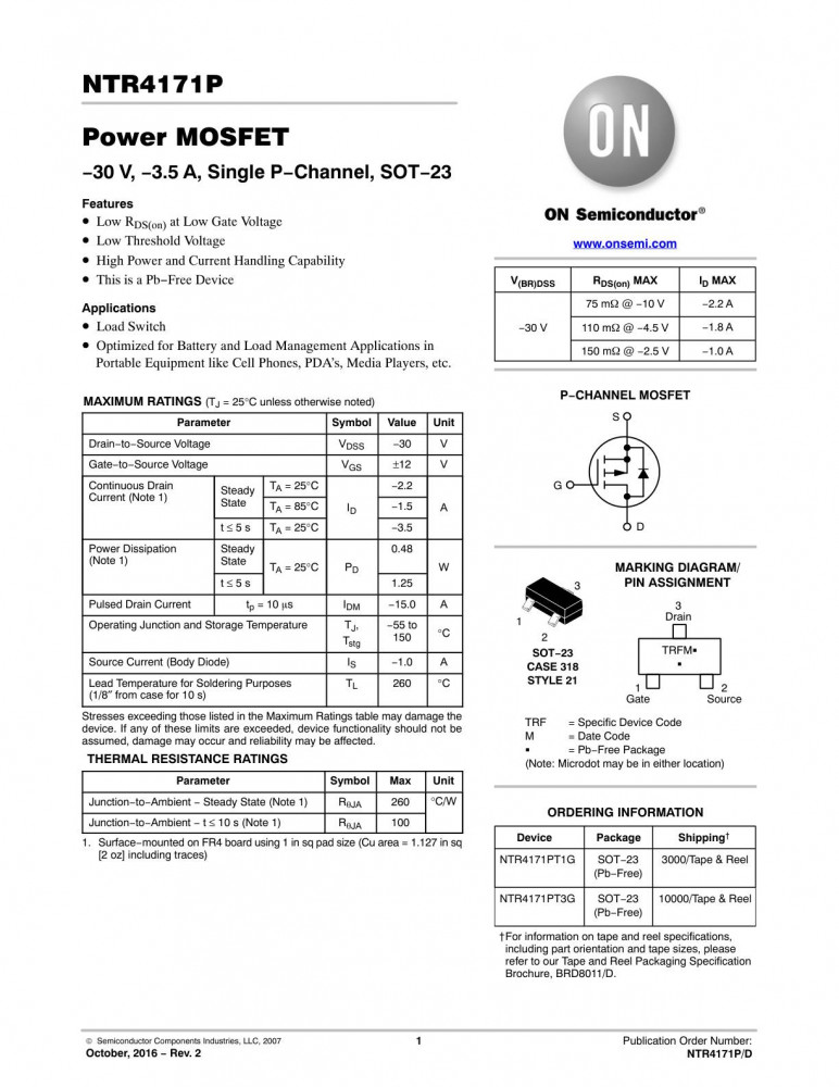 NTR4171P datasheet page 1