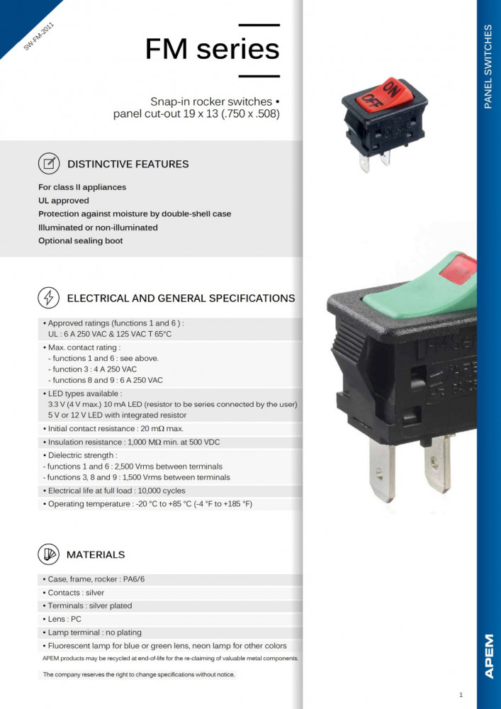 APEM FM series datasheet page 1
