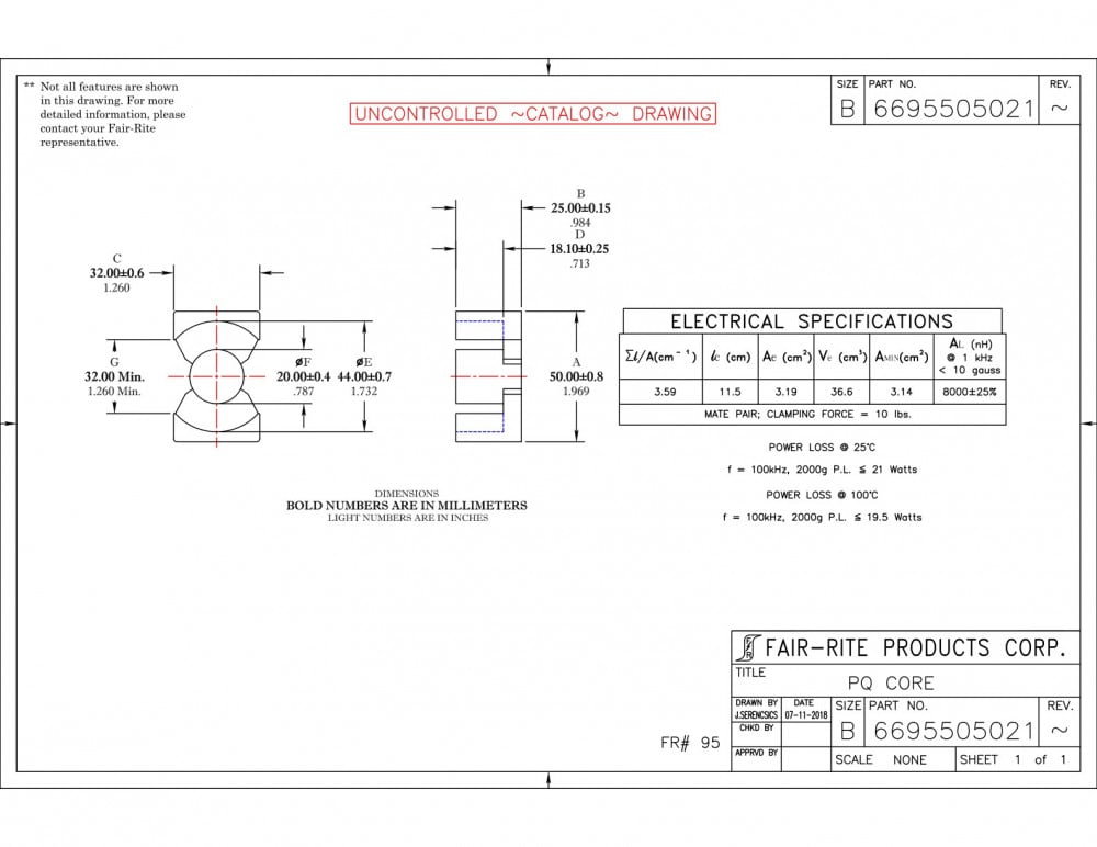 Fair-Rite 6695505021 PQ core technical drawing