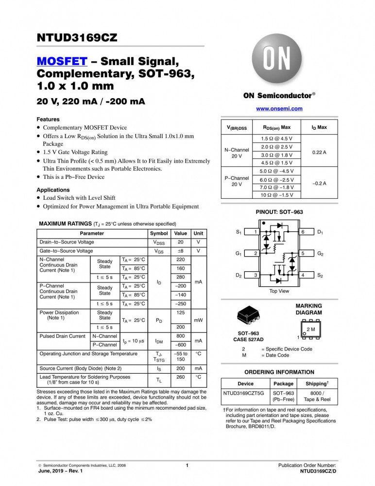 NTUD3169CZT5G datasheet page 1