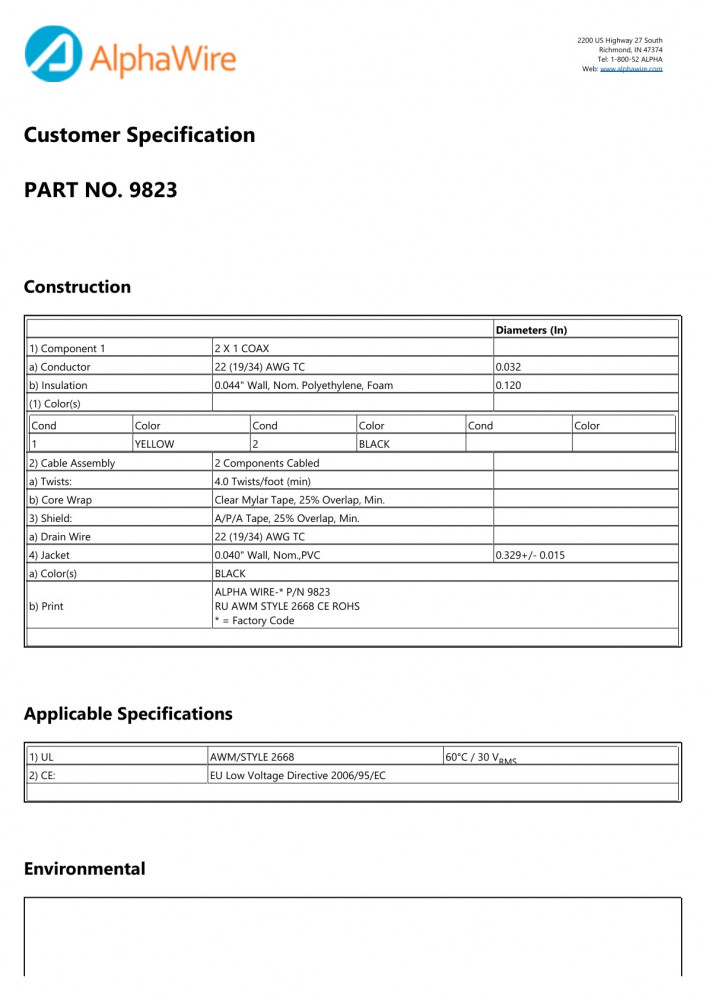 Alpha Wire 9823 specification page 1