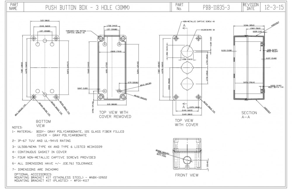 Bud Industries PBB-11835-3 technical drawing showing enclosure views and notes