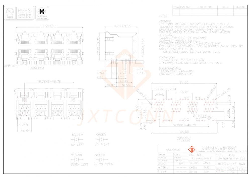 JXTCONN RJ45-4023-64P manufacturing drawing