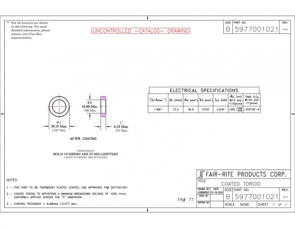 Fair-Rite 5977001021 technical document page