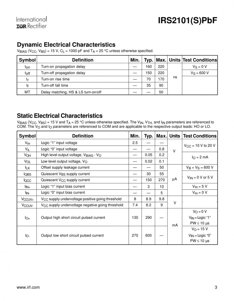 IRS2101STRPBF technical document page 3