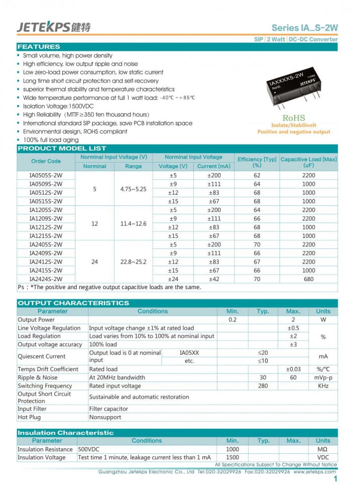 IA2405S-2W datasheet page 1