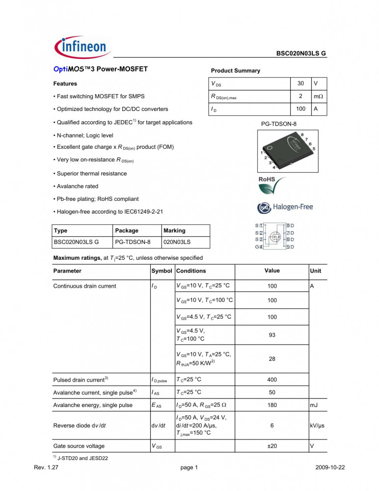 BSC020N03LS G datasheet page 1