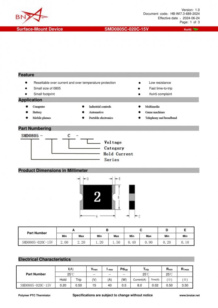 BNstar SMD0805-020C-15V datasheet page 1
