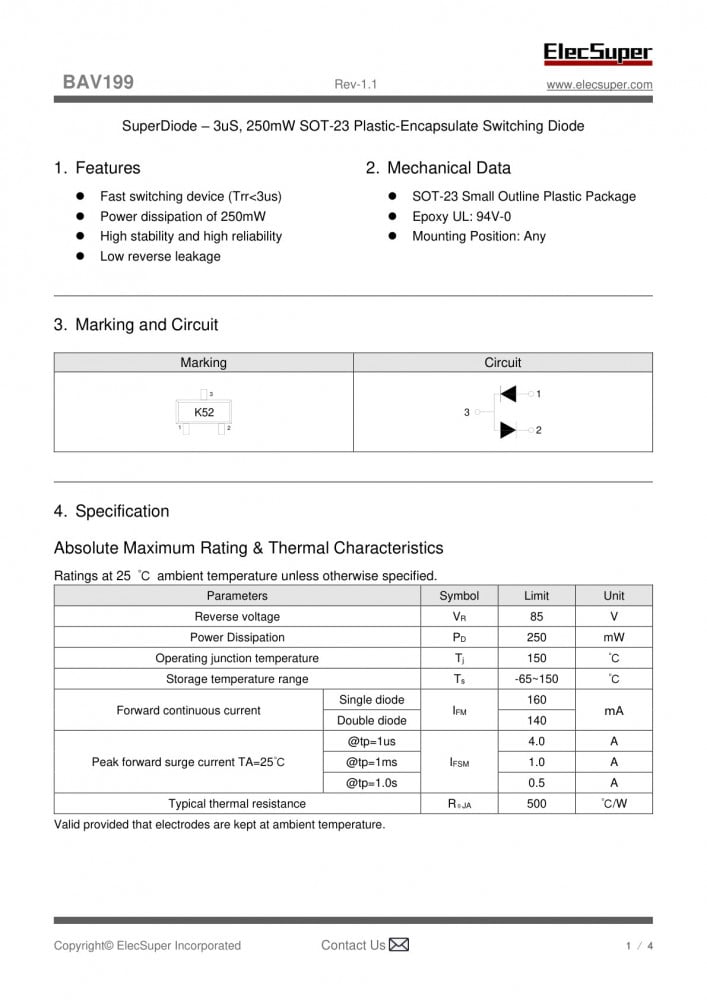 ElecSuper BAV199 datasheet page 1