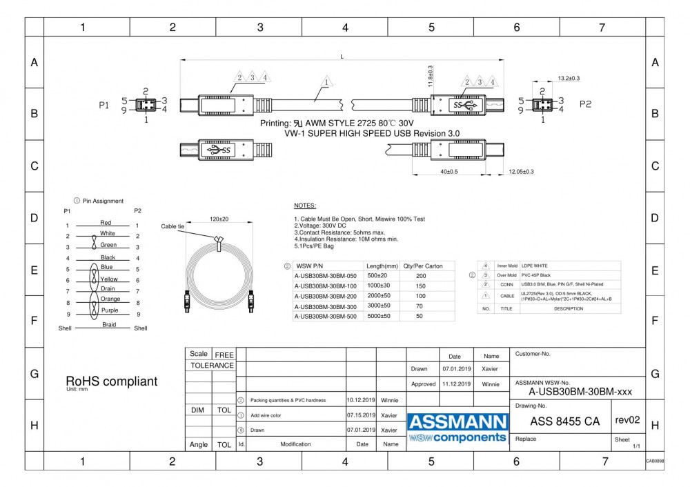 A-USB30BM-30BM-100 technical drawing
