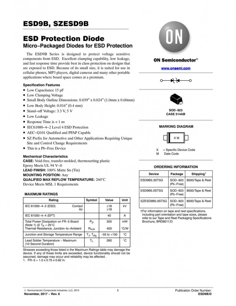 SZESD9B3.3ST5G datasheet page 1