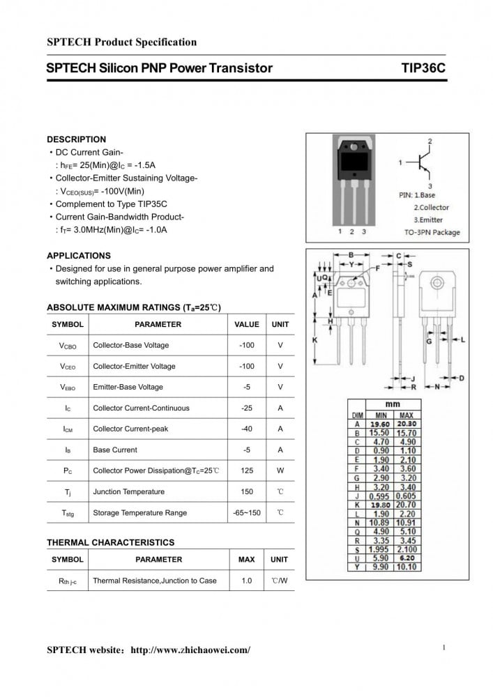 SPTECH TIP36C datasheet page 1