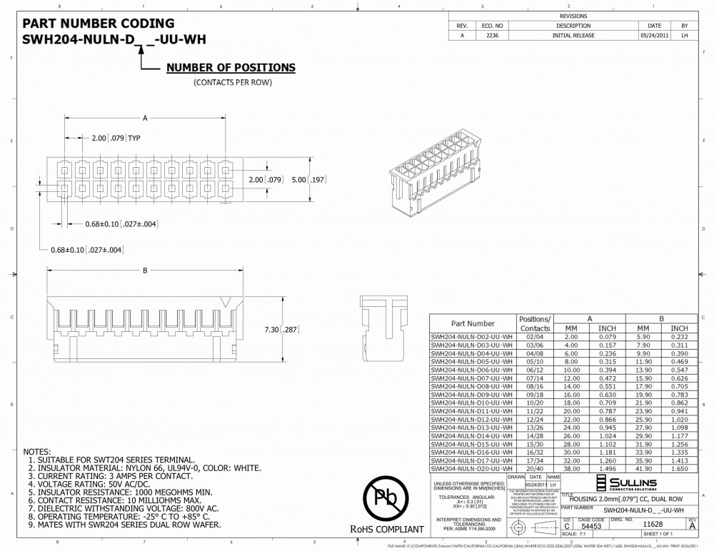 Sullins SWH204 series technical drawing