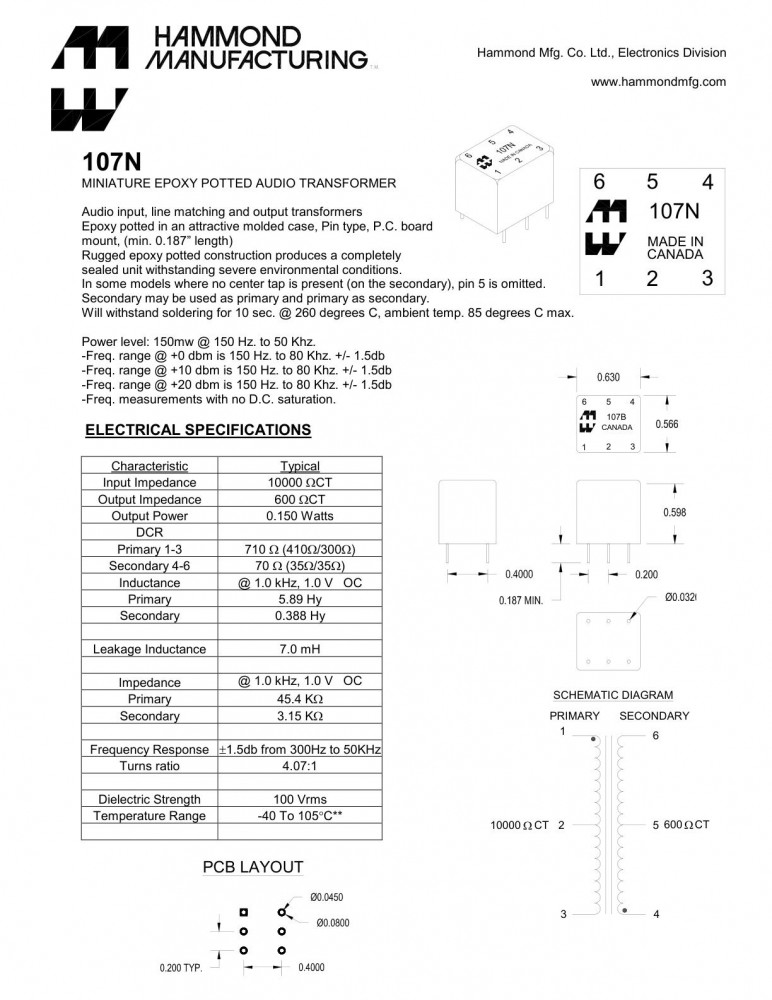 Hammond 107N technical document page 1