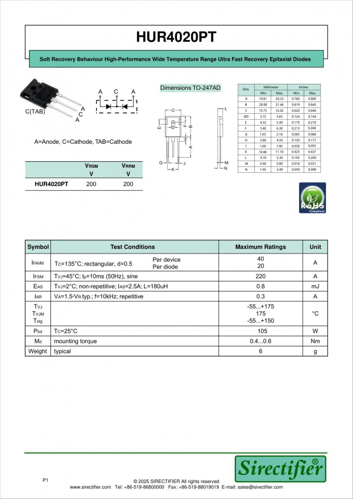 HUR4020PT technical document page 1