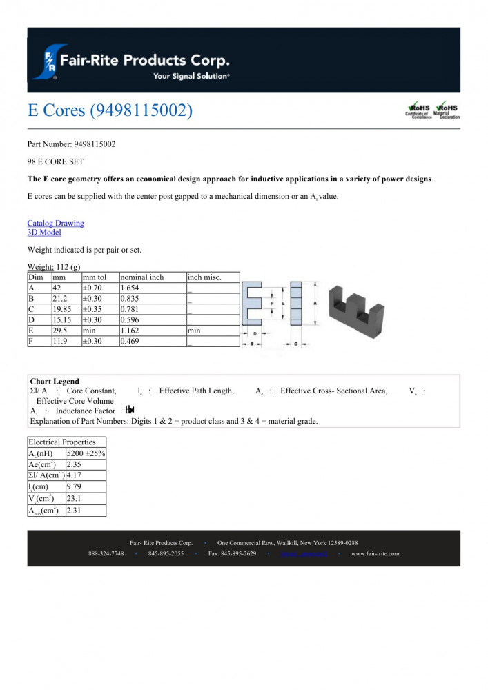 Fair-Rite 9498115002 technical drawing and specification page