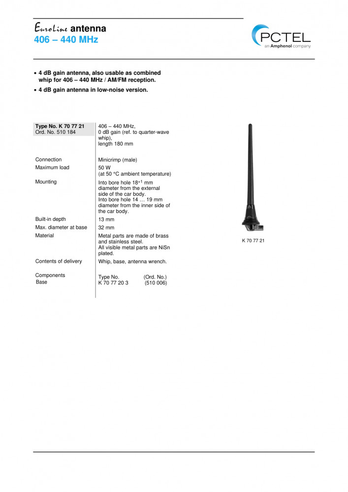 ANTENNA SPECIALISTS K 70 77 21 product reference page for order 510184
