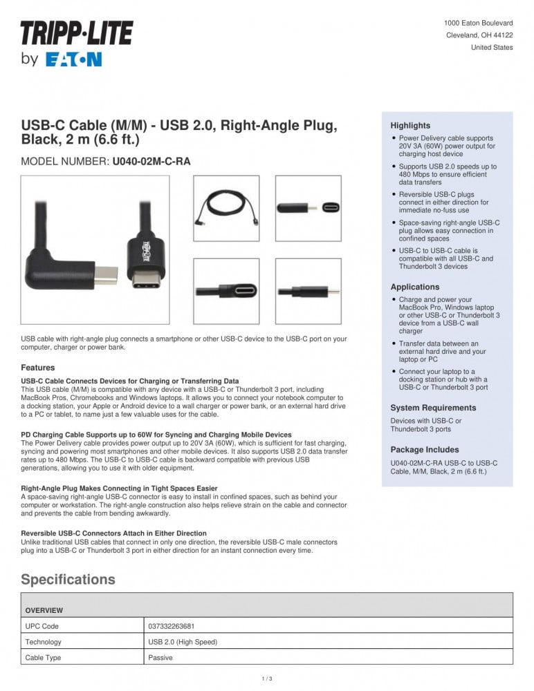 U040-02M-C-RA technical document page 1