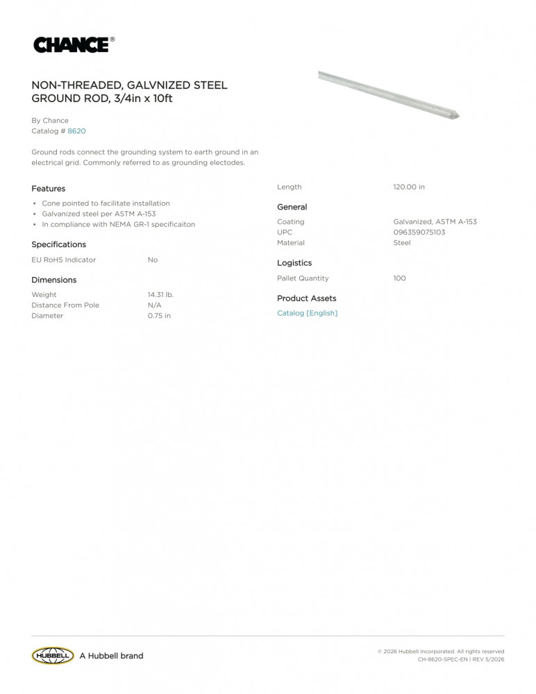 Catalog document image for Burndy ground rod 8620