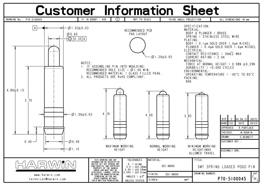Harwin P70-5100045 customer information sheet