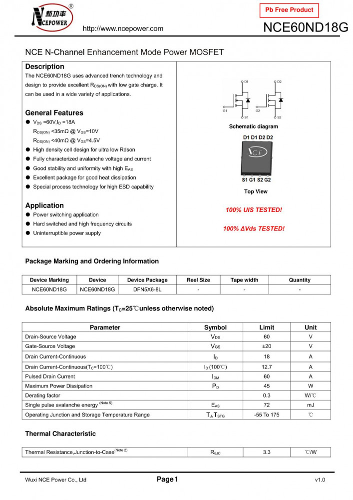 NCE60ND18G datasheet page 1
