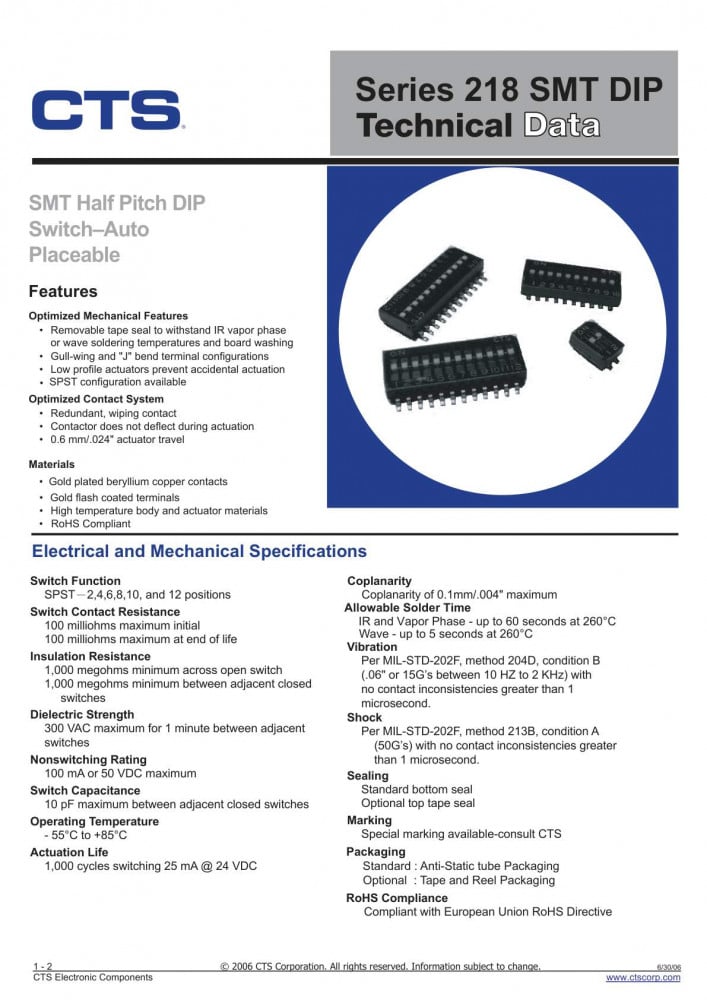 CTS Series 218 SMT DIP technical data page