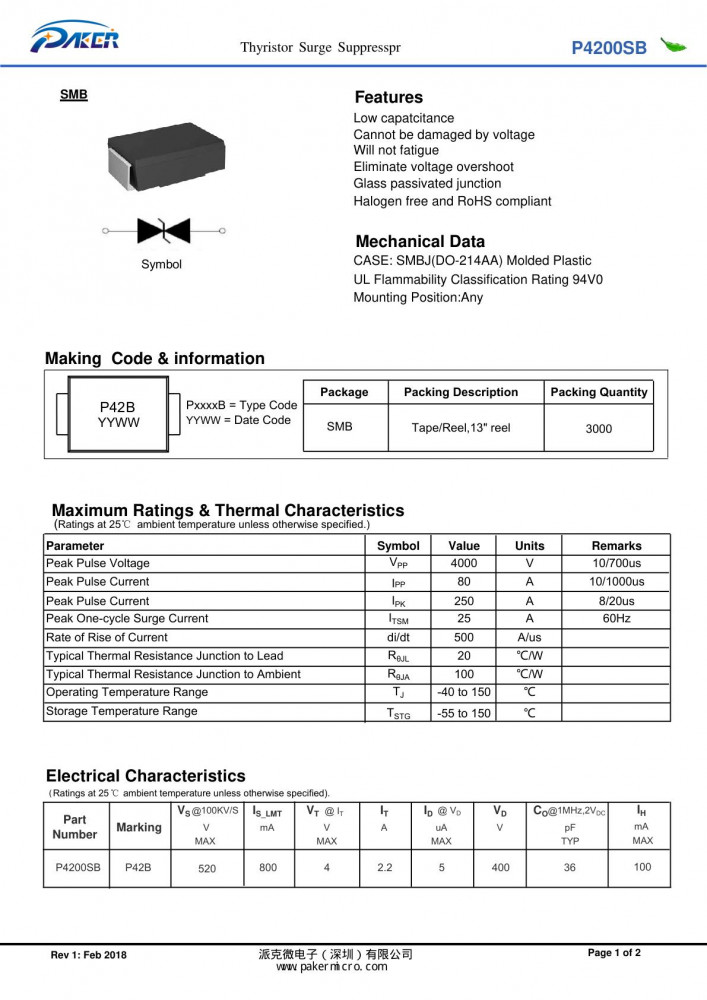 PAKER P4200SB datasheet page 1