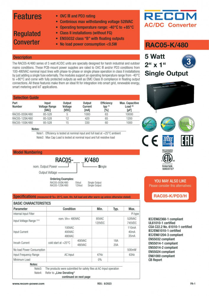 RAC05-K/480 datasheet page 1