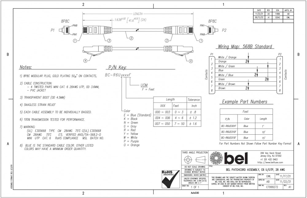 BC-R6UN006F Bel Fuse Cat 6 patch cord technical drawing