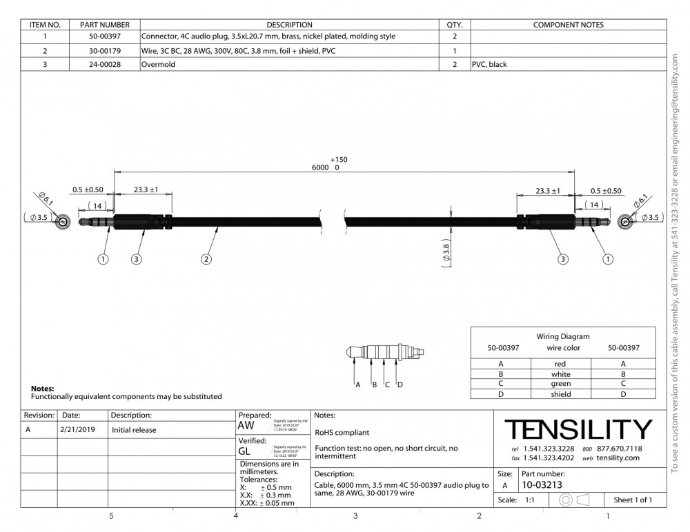 Tensility International 10-03213 cable assembly drawing