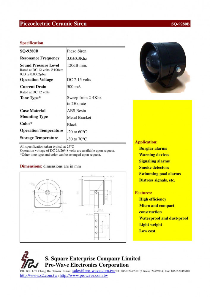SQ-9280B piezo siren technical document image