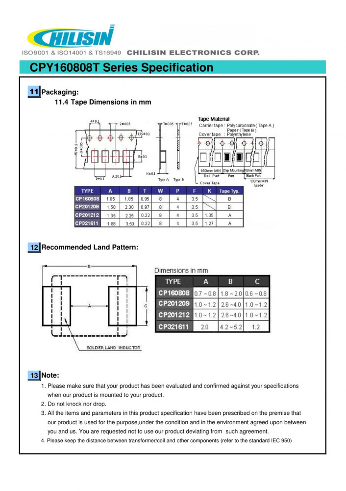 Chilisin CPY160808T specification page 8
