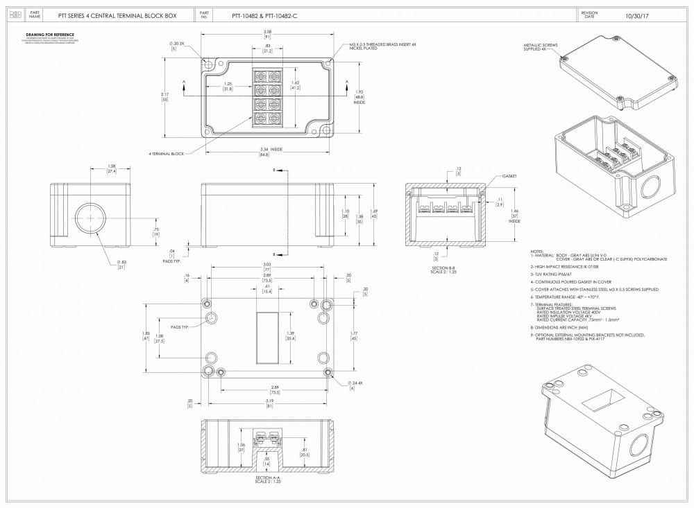 Bud Industries PTT-10482 PTT Series 4 central terminal block box drawing