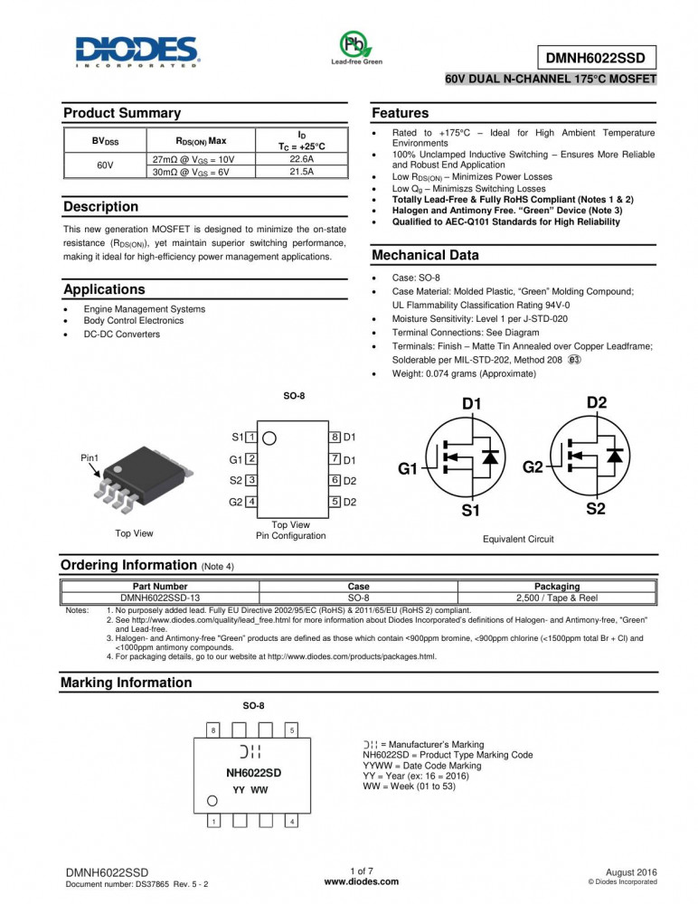 DMNH6022SSD-13 datasheet page 1