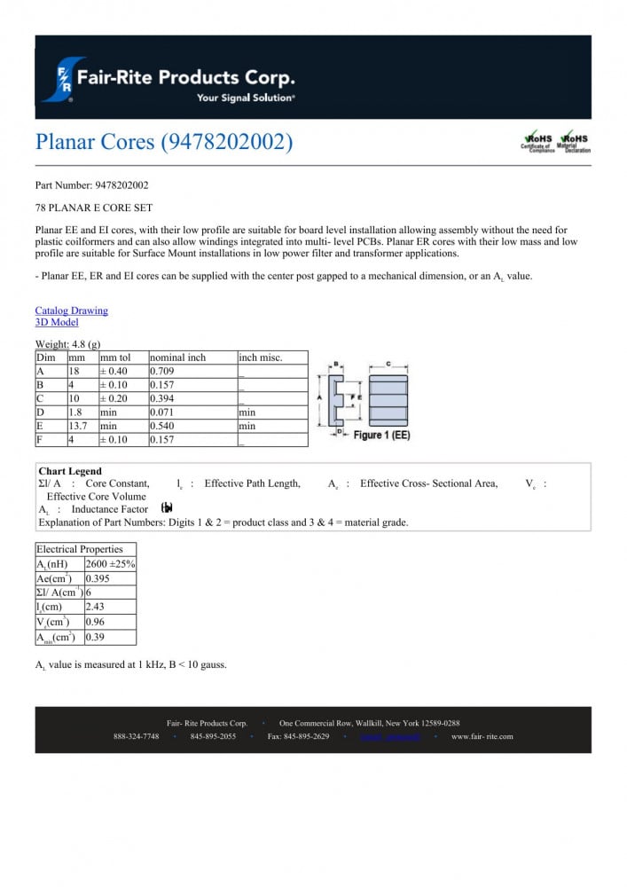 Fair-Rite 9478202002 catalog drawing and electrical data