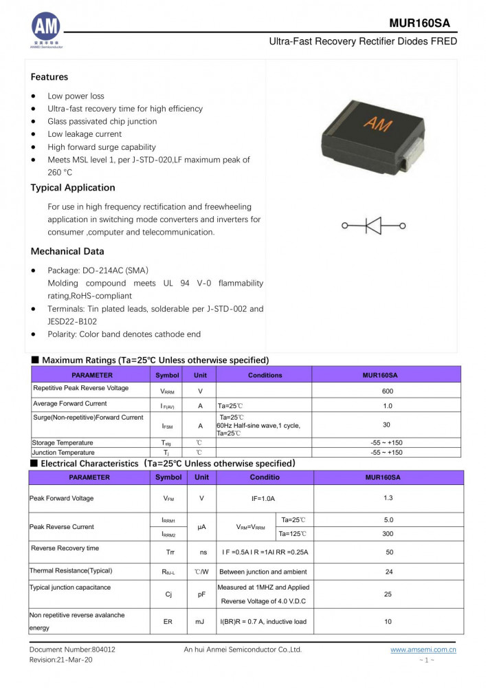 MUR160SA datasheet page 1