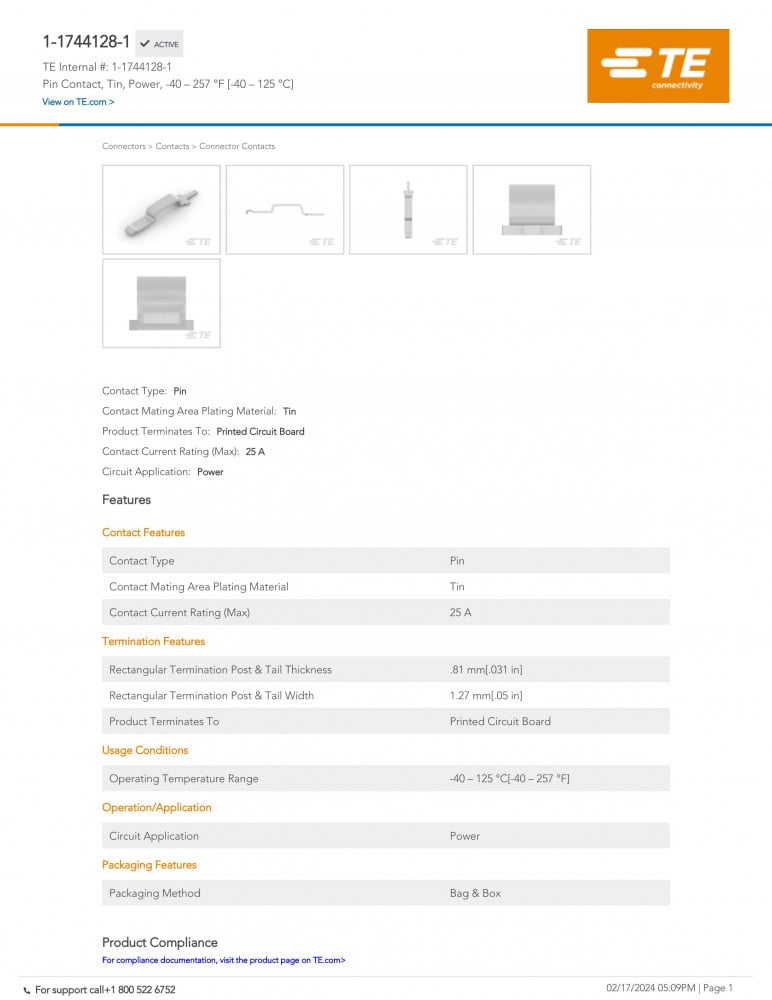 TE Connectivity 1-1744128-1 technical document page 1