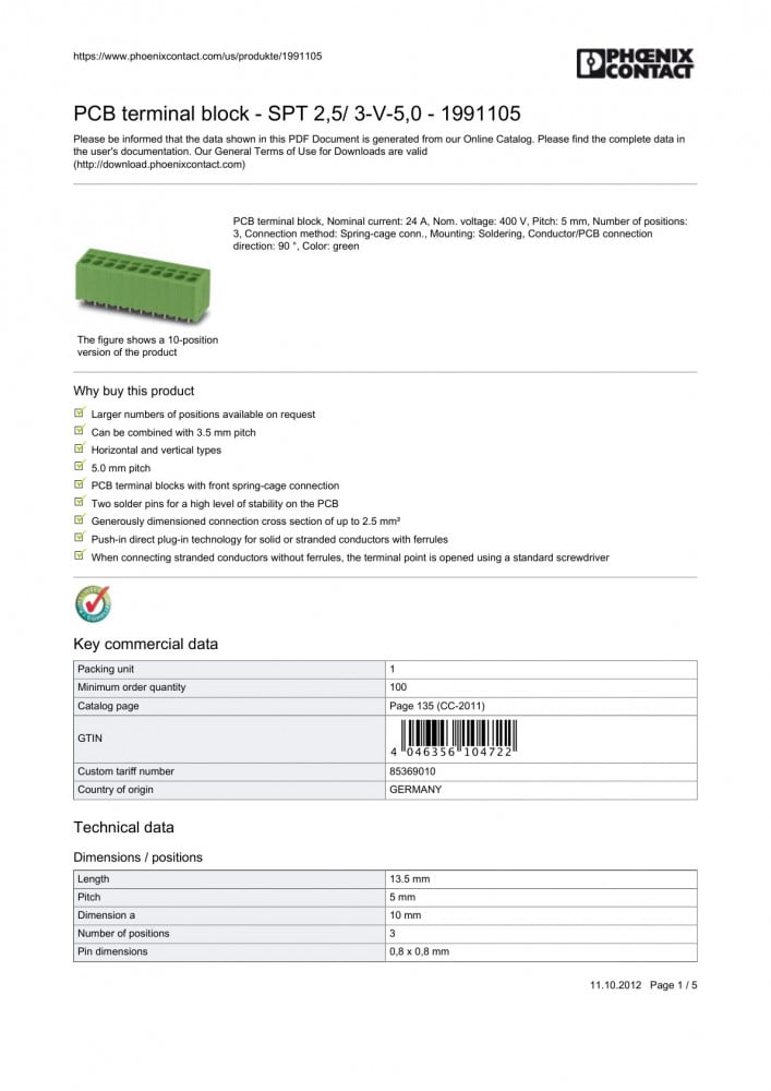 Phoenix Contact 1991105 product document page 1