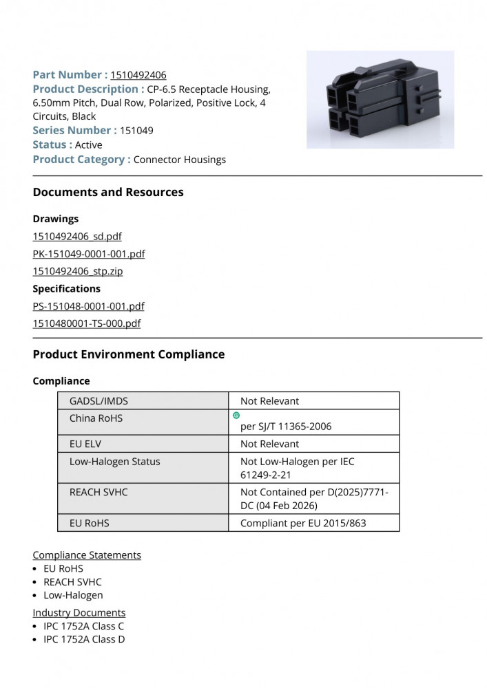 MOLEX CP 6.5 mm connector product specification preview, page 1